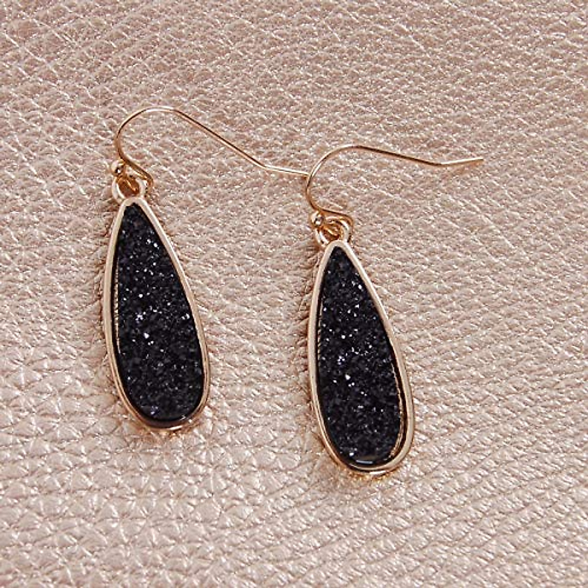Humble Chic Simulated Druzy Drop Dangles - Sparkly Long Teardrop Dangly Earrings for Women, Gold - Black Stone