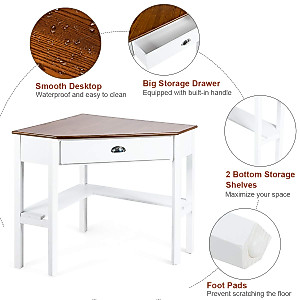 Tangkula Corner Desk, Corner Computer Desk with Drawer for Small Space, Small Corner Makeup Vanity Desk, 90 Degrees Triangle Corner Desk with Storage Shelves (Natural & White)