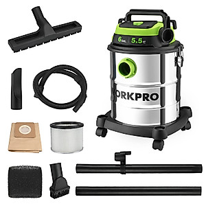 WORKPRO 6 Gallon Wet/Dry Shop Vacuum, 5.5 Peak HP Shop Vac Cleaner with HEPA Filter, Hose and Accessories for Home/Jobsite Dust Collection