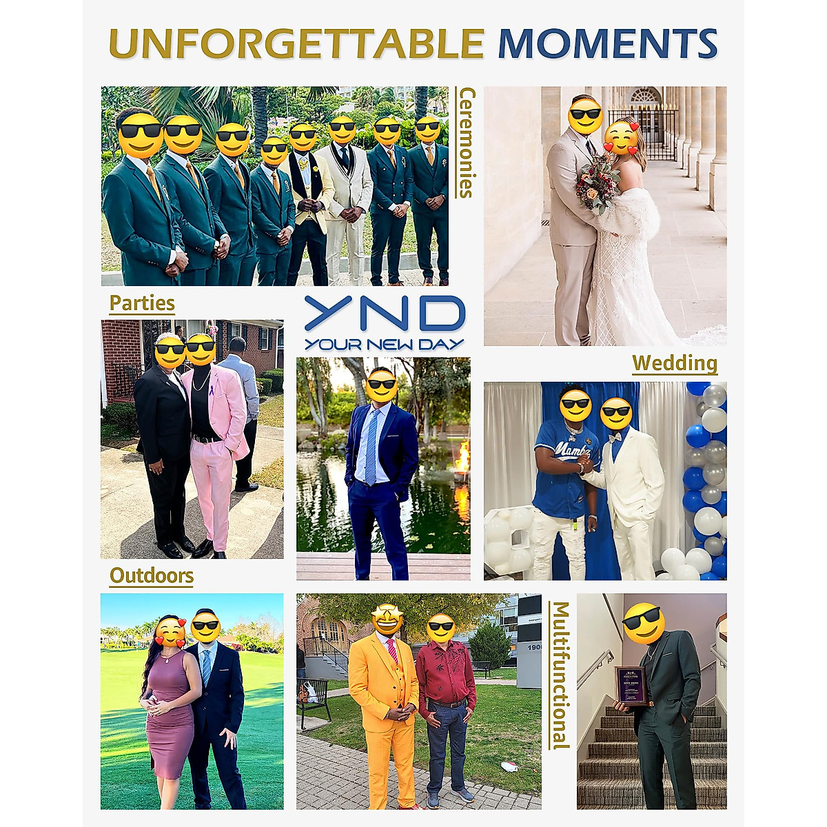 YND Men's Slim Fit 2 Button 3 Piece Suit Set, Blazer Jacket Vest Pants and Tie, Solid Wedding Dress Tux and Trousers Deep Blue