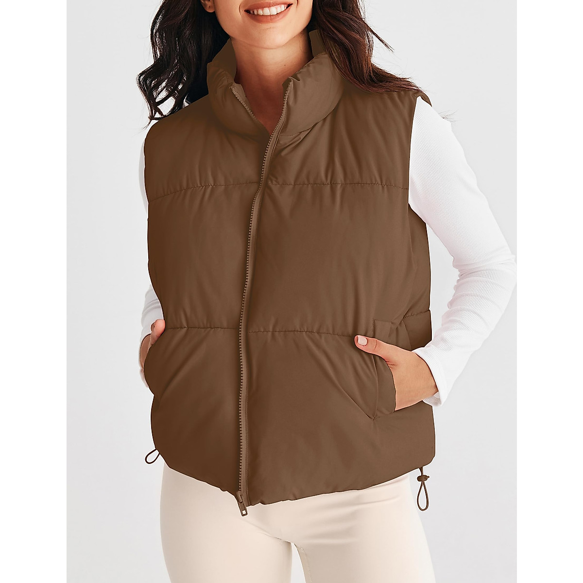 MEROKEETY Cute Sleeveless High Neck Zipper 2025 Fashion Puffy Padded Vest for Teen Girls, Coffee, Medium
