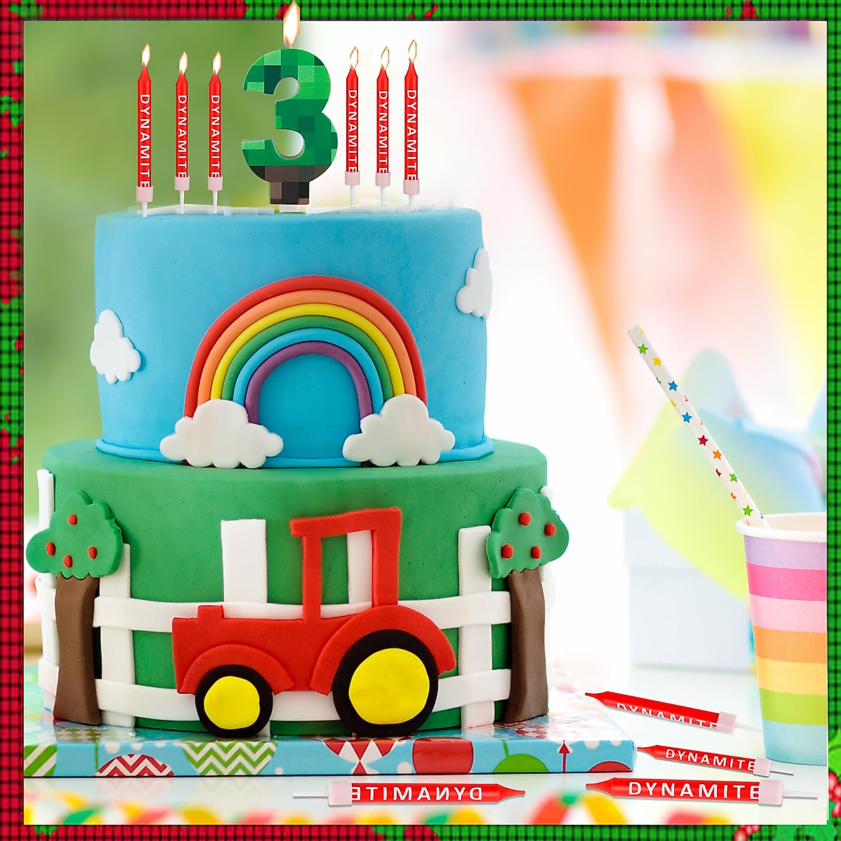FUNCANDLE TNT Themed Birthday Candle Set,Dynamite 7 Candle with 12 Pieces Long Thin Candles,Happy 7th Birthday Candles,Dynamite Green Pixel Cake Candles for Boys Birthday Decoration Party Supplies