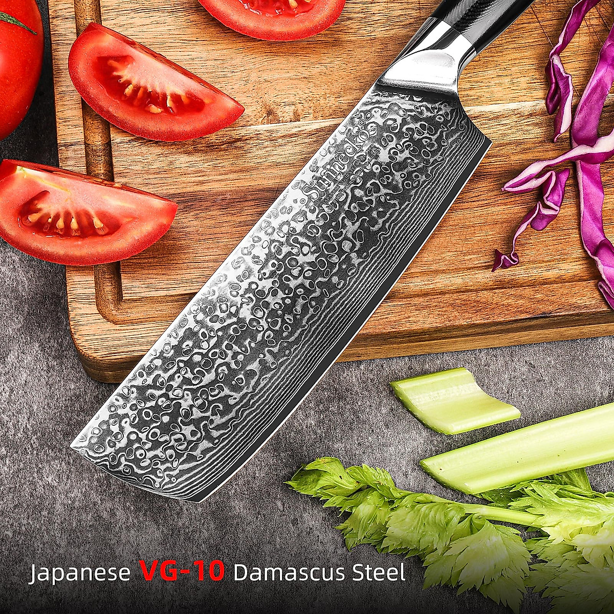 Sunnecko Damascus Kitchen Knife Japanese Nakiri Knife 7 Inch Cooking Knife Vg-10 High Carbon Stainless Steel with G10 Handle