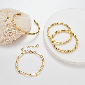 Starain Gold Beaded Bracelets for Women 18K Gold Plated Beaded Ball Stackable Stretch Bracelet Gold Cuff Bangle Set