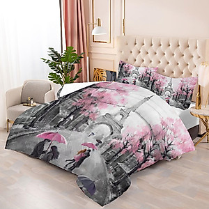 EDGZKO Paris Bedroom Comforter Set: Queen Size Eiffel Tower Bedding Sets Pink and Grey French Style Romantic Bed Set for Teen Girls Women Soft Quilt Sets 1 Comforter & 2 Pillowcases