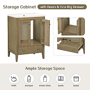 PULLAFUN 24" Bathroom Vanity Without Sink, Base Only, Rattan Cabinet with Doors and Drawer, Solid Frame and MDF Board, Natural