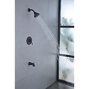 Matte Black Tub Shower Trim Kit Pressure Balance Shower Faucet Set 7 Function Powerful Shower Head with Diverter Bathtub Spout (Brass Rough-In Valve Included)