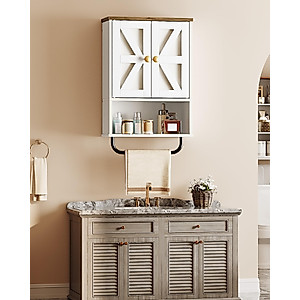 CHOEZON Bathroom Wall Cabinet, Medicine Cabinet with Open Partition and Towel Bar, Rustic Storage Cabinet with Open and Hidden Storage Space, for Bathroom, Living Room, Kitchen, White and Walnut