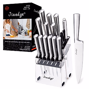 Kinfe set, Jiaedge Kitchen Knife Set with Block, 15-PC German High Carbon Stainless Steel Chef Knives Set for Kitchen with Block, Dishwasher Safe Steak Knives, Acrylic Stand, Knife Sharpener, Silver