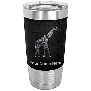 LaserGram 20oz Vacuum Insulated Tumbler Mug, Giraffe, Personalized Engraving Included (Faux Leather, Black)