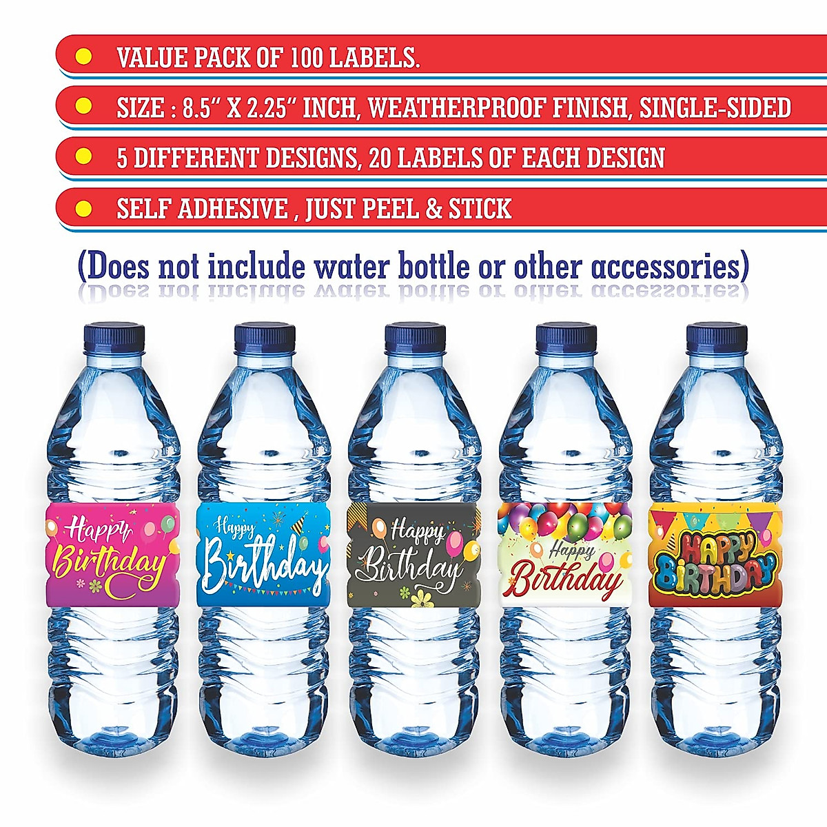 Happy Birthday Water Bottle Labels - (Pack of 100) 8.5" x 2.25" Wrappers Wrap Around Party Decoration Stickers