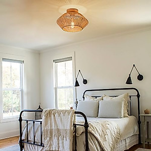 Boho Light Fixtures Rattan Ceiling Light Farmhouse Mini Hand-Woven Cage Flush Mount Chandelier for Bedroom Bathroom Hallway Entryway Living Room