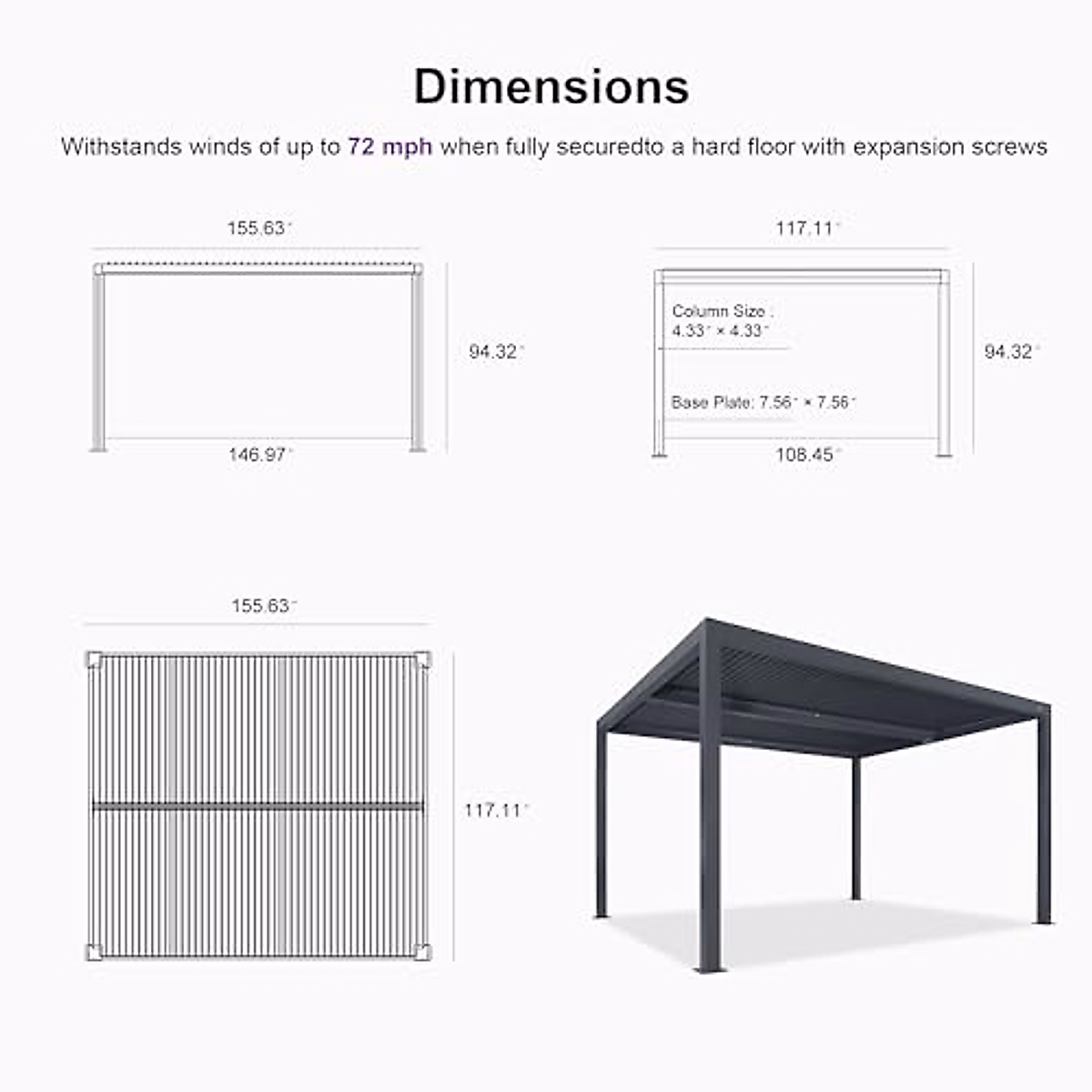 PURPLE LEAF Louvered Pergola 10' x 13' Outdoor Aluminum Pergola with Adjustable Roof for Deck Backyard Garden Grey Hardtop Gazebo