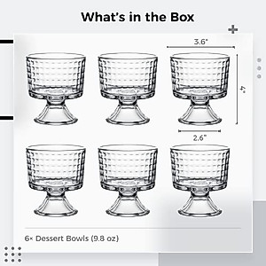 Homaisson Glass Dessert Bowls 6 Pcs, 9.8 oz Footed Crystal Trifle Bowls, Large Dessert Cups for Ice Cream, Sundaes, Parfait, Milkshakes, Fruits, Pudding, Snack, Cereal, Nuts, 3.6×4 in, XL