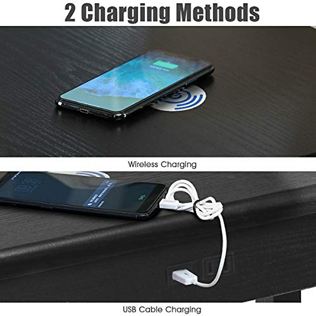 Costzon Floor Lamp, Swing Arm Lamp w/Wireless Charger, Side Table, 2 USB Ports, Open Shelves & Shade, Modern Bedside Nightstand Lighting for Living Room, Bedroom, Guest Room, End Table Lamp (Black)