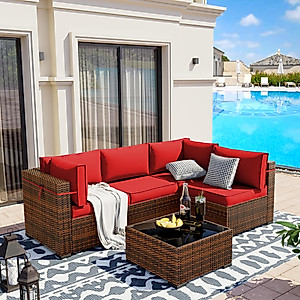 UDPATIO Patio Furniture Sets, Modular Rattan Outdoor Patio Sectional Furniture Sofa Set, Wicker Patio Conversation Set for Backyard, Deck w/Table, 5pc Brown/Red (Include Sofa Cover)