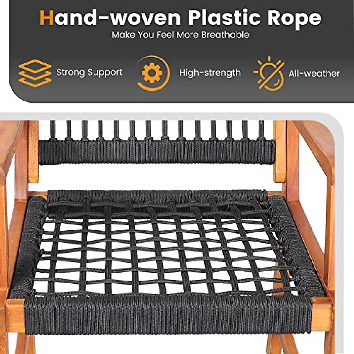 Tangkula 3 Pieces Acacia Wood Outdoor Furniture Set, All-Weather Rope Woven Bistro Set with Armchairs and Coffee Table, Patio Conversation Set for Front Porch, Deck, Balcony