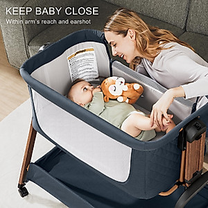 Jimglo 3 in 1 Baby Bassinet, Rocking Bassinets with Comfy Mattress and Wheels, Adjustable Height Bassinet Bedside Sleeper, Easy Folding Portable Crib for Newborn (Navy Blue)