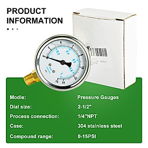 Taisher Liquid Filled Pressure Gauge, 0-15psi/kpa, 304 Stainless Steel Case, 1/4"NPT Lower Mount