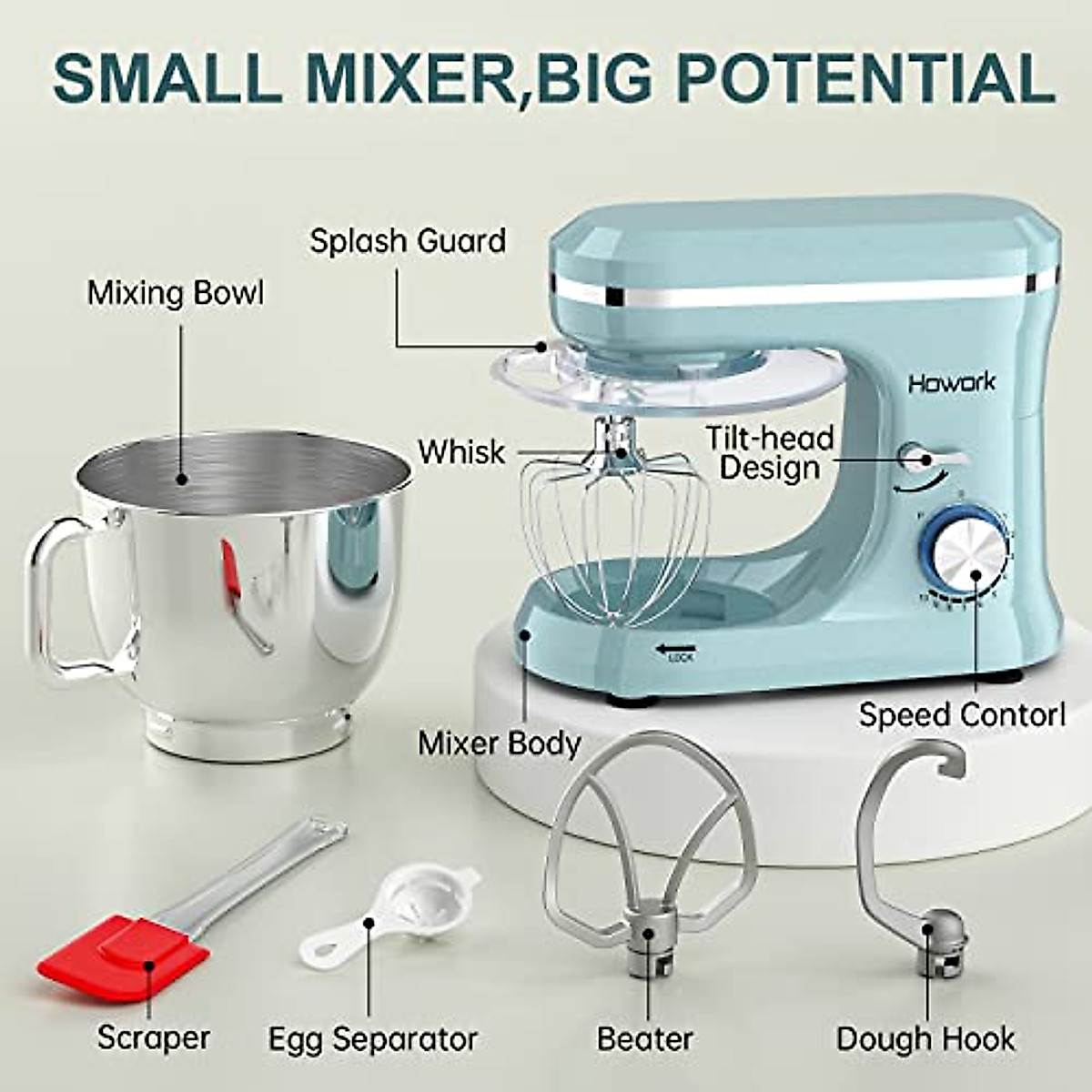 Howork Electric Stand Mixer,10+p Speeds With 6.5QT Stainless Steel Bowl,Dough Hook, Wire Whip & Beater,for Most Home Cooks,Blue