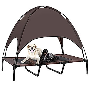 Heeyoo 48 Inches Extra Large Elevated Dog Bed with Canopy, Portable Indoor Outdoor Pet Cot with Removable Canopy Shade Tent for Dogs and Cats, Brown