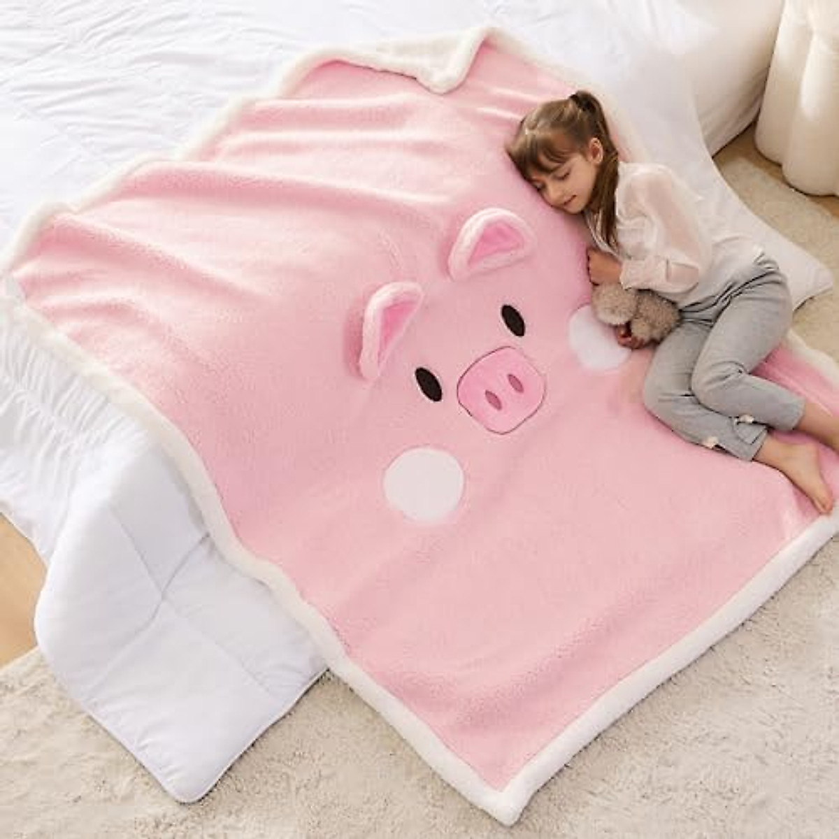 NEWCOSPLAY Sherpa Fleece Throw Blanket 3D Cartoon Kids Blanket Plush Warm for Boys Girls(Pink Pig,(50"X60"))