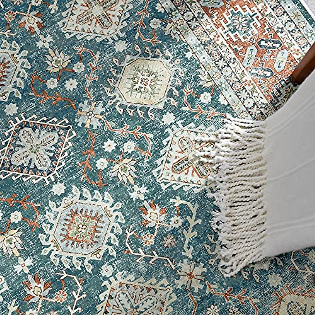 jinchan Area Rug 4x6 Persian Rug Vintage Indoor Carpet Kilim Thin Rug Turquoise Brick Red Multi Overdyed Retro Accent Rug for Kitchen Bathroom Living Room Bedroom Office Dining Room