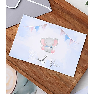 Winoo Design Heavy Duty Baby Shower Thank You Cards Boy - 36 PK - Silver Letterpress Elephant Thank You Cards Baby Shower Baby Boy Thank You Cards Cute Watercolor Thank You Cards Blue