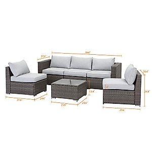 Solaste 6 Piece Patio Furniture Sets,All Weather Outdoor Sectional Patio Sofa Manual Weaving Wicker Patio Seating Rattan Sofas with Glass Table,Grey Cushions