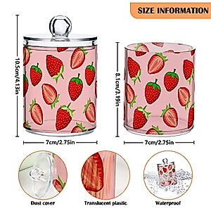 Vnurnrn Clear Plastic Jar Set for Cotton Ball, Cotton Swab, Cotton Round Pads, Floss, Strawberry Pattern with Berries Bathroom Canisters Storage Organizer, Vanity Makeup Organizer,2Pack