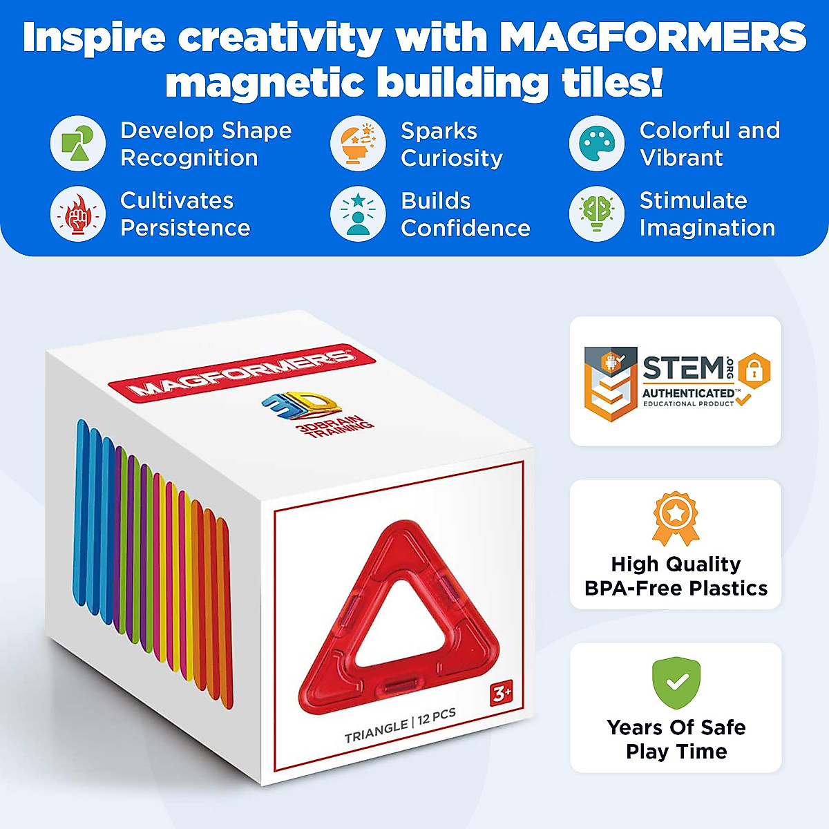 MAGFORMERS Triangle 12 Pieces Rainbow Colors, Educational Magnetic Geometric Shapes Tiles Building STEM Toy Set Ages 3+