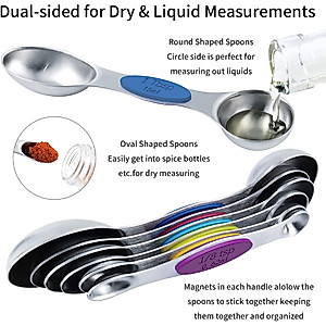TILUCK measuring cups and magnetic measuring spoons set, stainless steel measuring cups, 6 double-sided stainless steel measuring spoons & 1 leveler (7+7)