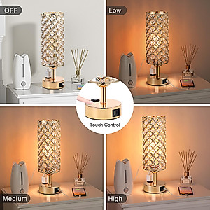 Hong-in Crystal Table Lamp, Gold Lamp for Bedroom with USBC-A+ AC Charging Ports, 3 Way Dimmable Light with Crystal Lampshade, Bedside Lamp Touch Light for Girl Room, Charge Phone (Bulb Included)