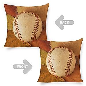 Maple Leaves Baseball Throw Pillow Covers 18×18 Pillowcases Set of 2 Autumn Softball Linen Decorative Square Pillow Case Cushion Covers Standard Size for Sofa Couch Outdoor Bed Pillow Protectors