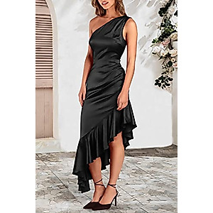 PRETTYGARDEN Women's 2023 Casual Summer Dress One Shoulder Sleeveless Ruffle Hem Wedding Guest Ruched Bodycon Maxi Dresses (Black,Medium)