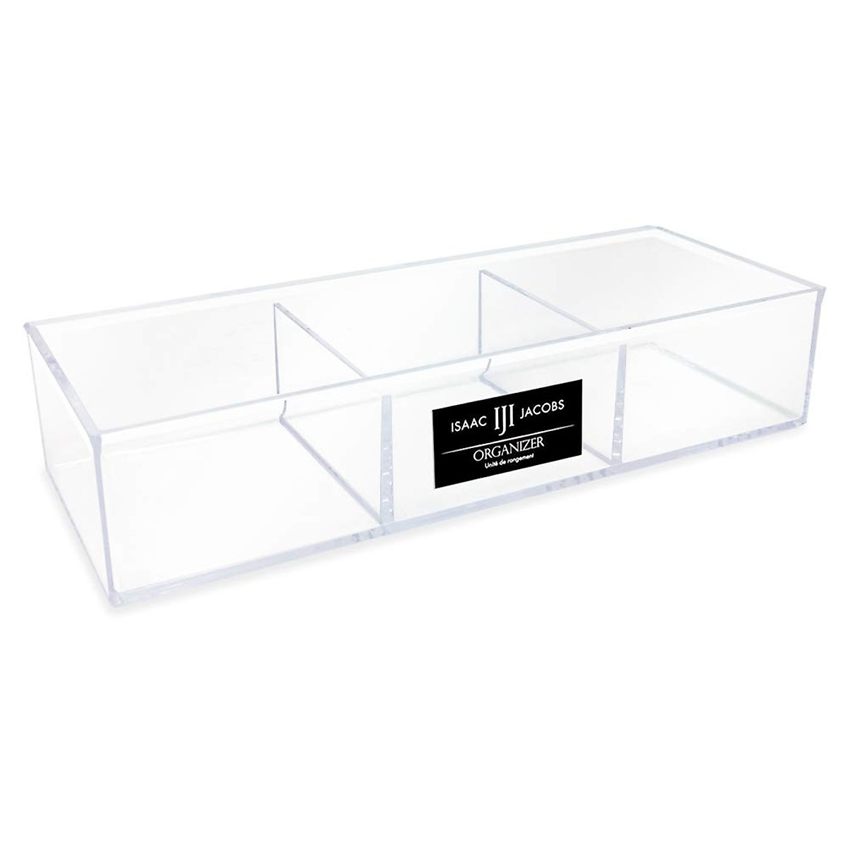 Isaac Jacobs Large 3-Compartment Acrylic Stackable Organizer (12.9" L x 5" W x 2.7" H), Multi-Sectional Tray & Storage Solution for Makeup, Craft Supplies, Bathroom, Kitchen, Office (Clear)