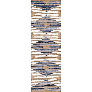 nuLOOM Hand Braided Marla Denim And Jute Diamonds Runner Rug, 2' 6" x 6', Off-white