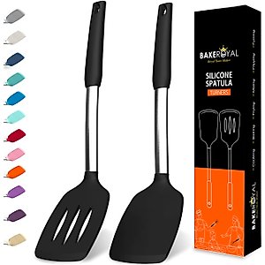 BakeRoyal Silicone Spatula Set - Turner Spatulas Silicone Heat Resistant 600°F - Slotted & Solid Silicone Spatulas for Cooking Fish, Eggs, Pancakes Flipper – Silicone Cooking Utensils Set – Black