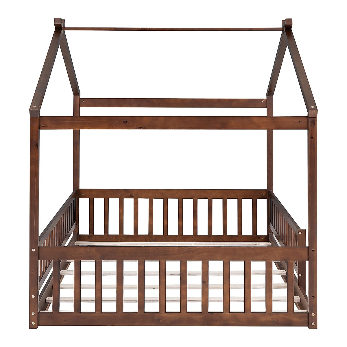 BestLM Full Size Wooden House Bed for Kids, Wood Platform Bed Frame with Fence, Roof, and Safety Guardrail for Kids, Teens, Girls, Boys, Walnut
