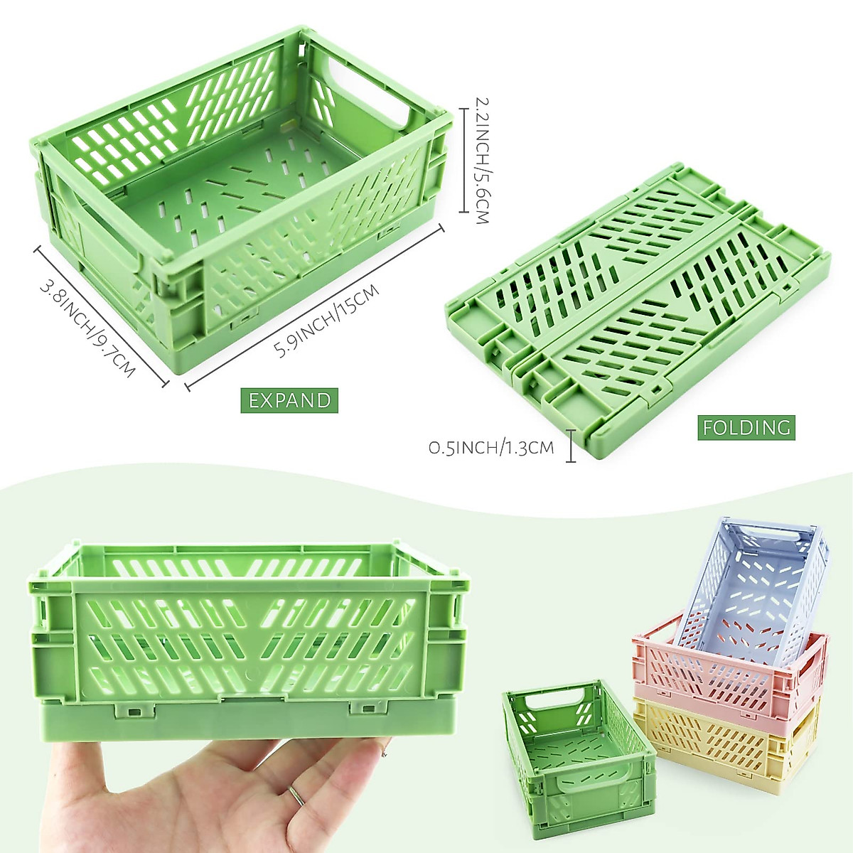 YETOOME 4 Pack Mini Plastic Baskets for Shelf Storage Organizing, Small Plastic Baskets, Folding Storage Crate for Home Kitchen Classroom Bedroom Bathroom Office (5.9 x 3.8 x 2.2 in)