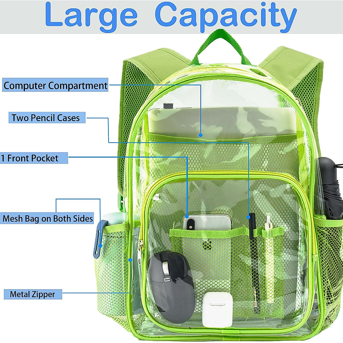 BAJNOKOU Clear Backpack Heavy Duty Pvc Bookbag for School - See Through Transparent Stadium Approved Backpacks for Women Concert Sport Venues Work Travel,Lemon green