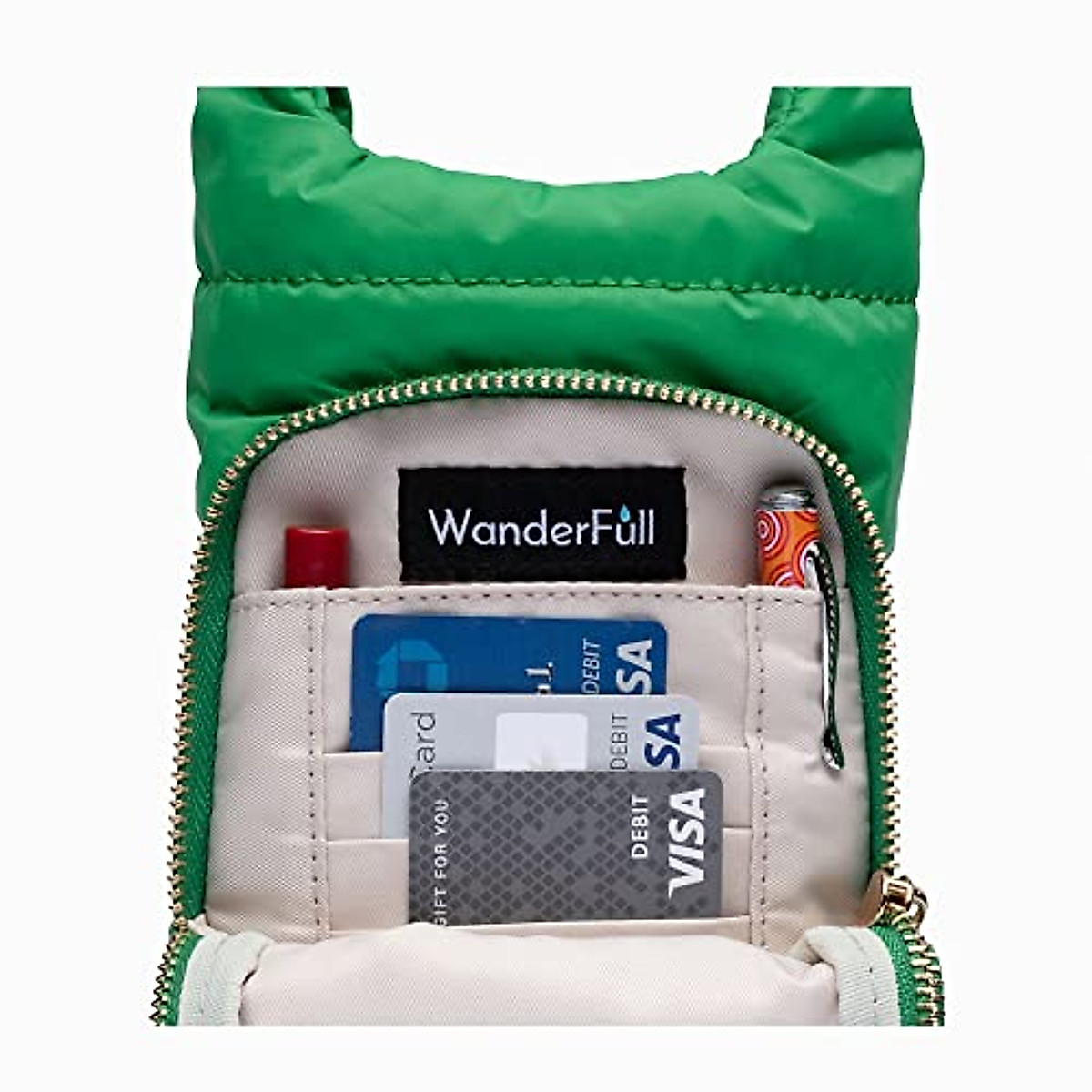 WanderFull Crossbody HydroBag - Water Bottle Holder - Quilted Bottle Bag - Water Bottle Carrier with Strap - Stylish Puffer Tote for Water Bottle (Green with Patterned Strap)