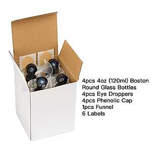 4PK 4oz(120ml) Clear Glass Bottles with Droppers and Phenolic Caps. 120ml Dropper Bottle with Corrosion Resistant Nitrile Rubber and Not Faded Markings. 4oz Bottles with Caps for Juice, Hot Sauces.
