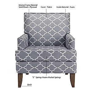 Living Room Decorative Chair Fabric Tufted Club Chair Comfort Upholstered Armchair Family Apartment Lounge Chair with Solid Wood Legs - Floral Print (upholstered gray checked pattern)