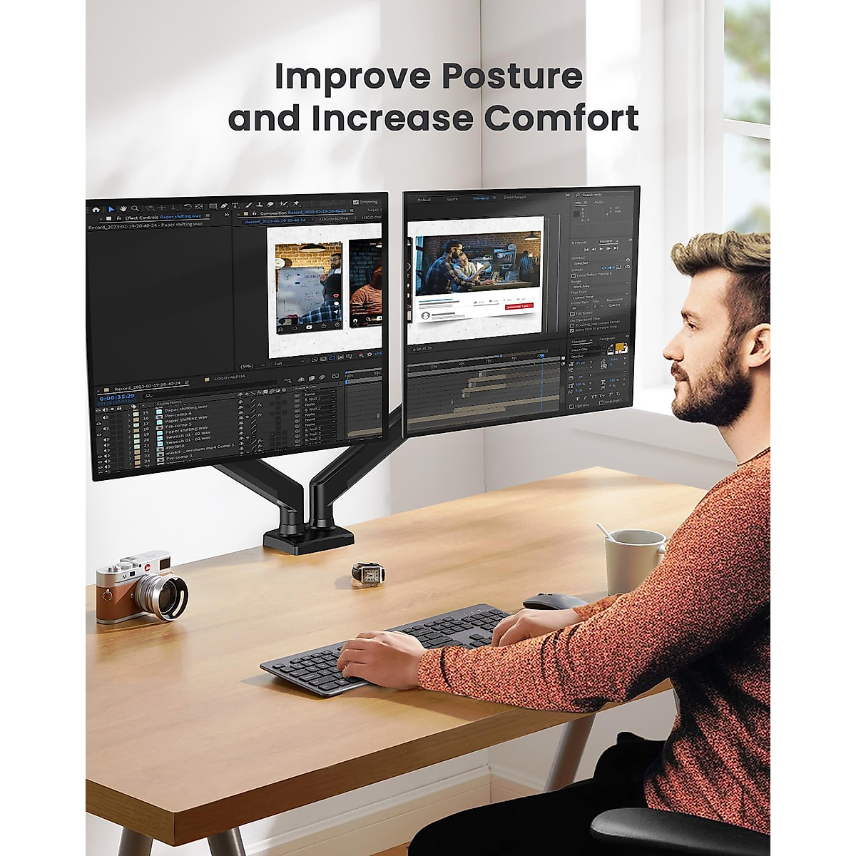 ErGear Dual Monitor Stand up to 32 inches Screen, Load-Bearing Max 22 lbs Each Arm, Adjustable Dual Monitor Mount, Sturdy Steel vesa Monitor Mount with Stable VESA 75x75 100x100mm