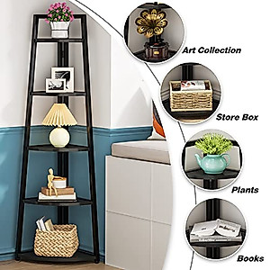 Tribesigns 5 Tier Corner Bookshelf and Bookcase, 70 inch Tall Corner Shelves Rustic Corner Ladder Shelf Indoor Plant Stand for Living Room, Kitchen, Home Office (Black)