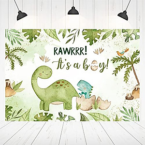 Hilioens 5×3ft Dinosaur Baby Shower Backdrop It's A Boy Newborn Green Leaf Dinosaur Egg Party Decorations Banner Cartoon Dinosaur Supplies Background Cake Table Supplies