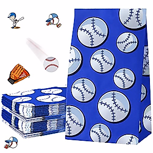 30 Pack Baseball Goodie Gift Bags Baseball Party Treat Favor Bags Blue Baseball Snack Paper Bags for Team Sports Theme Birthday Party Decor Game Celebration