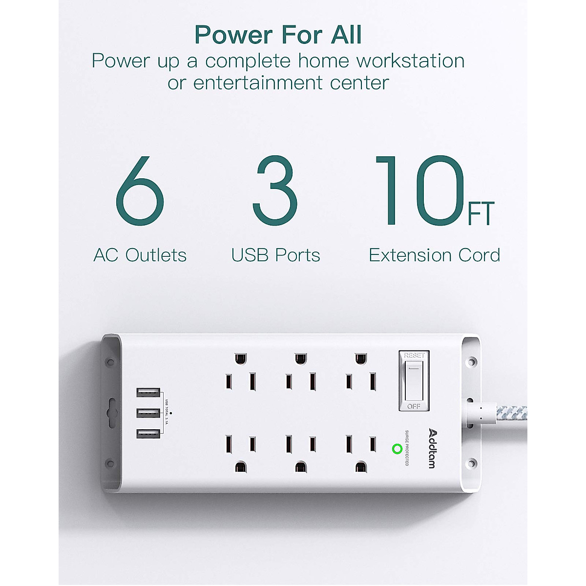 Power Strip Surge Protector - Addtam 10Ft Long Extension Cord with 6 Outlets and 3 USB Ports, Flat Plug Overload Surge Protection Outlet Strip, Wall Mount for Home, Office and More