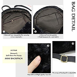Me Plus Women's Soft Faux Fur Fuzzy Mini Backpack, Shoulder bag Purse, Schoolbag (Black)